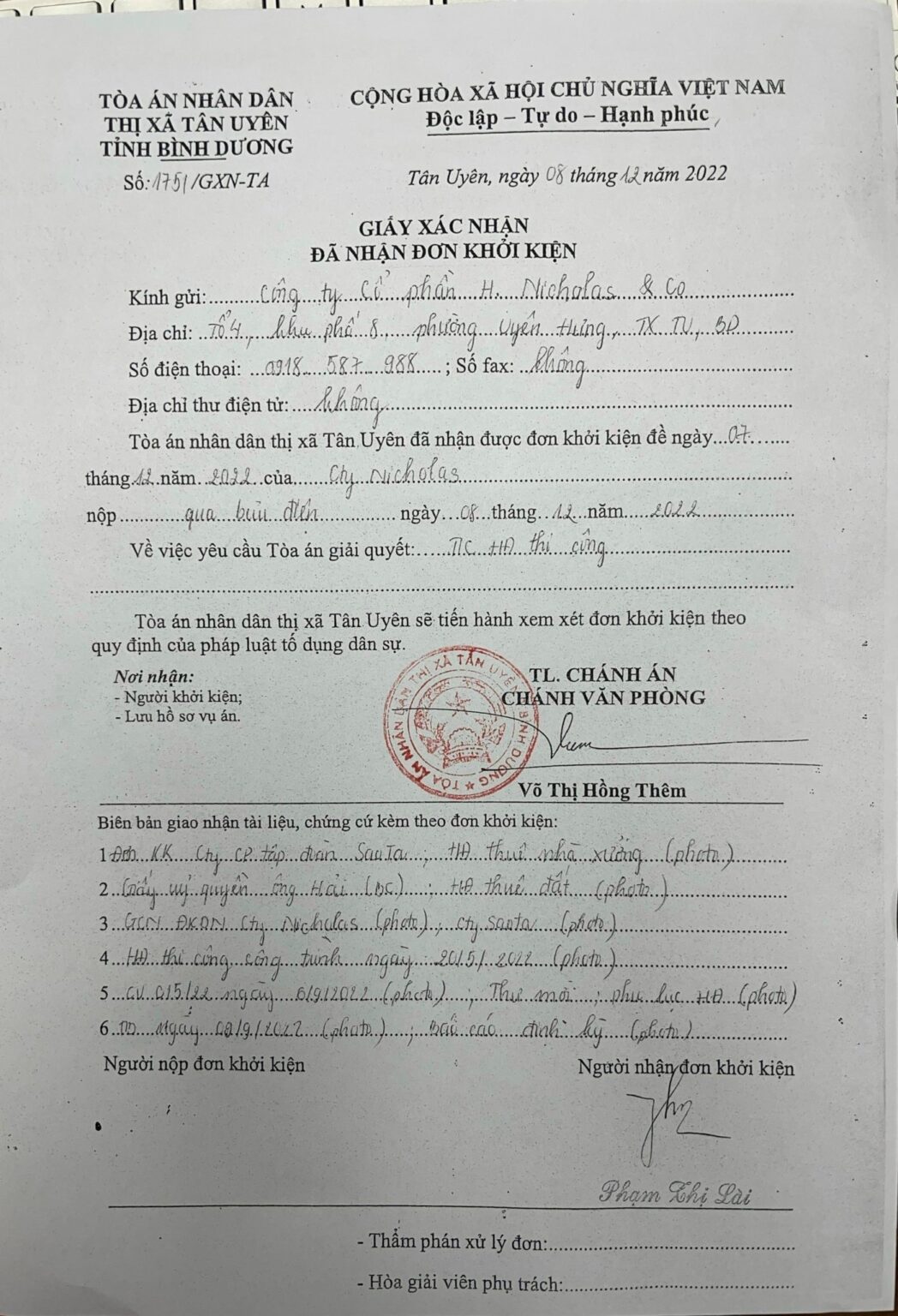 Thông tin về vụ việc tranh chấp thương mại giữa Công ty H. Nicholas ...